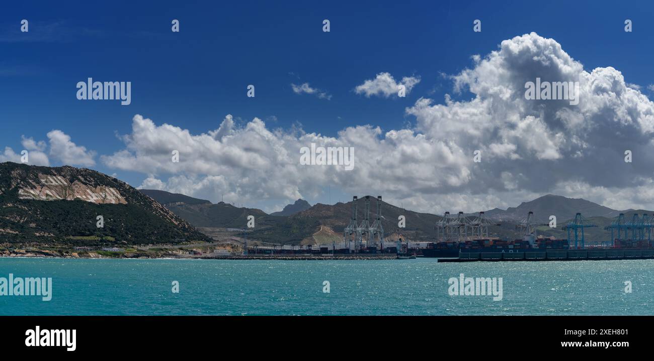 View of the North Morocco coast and the Tanger Med insdustrial port ...