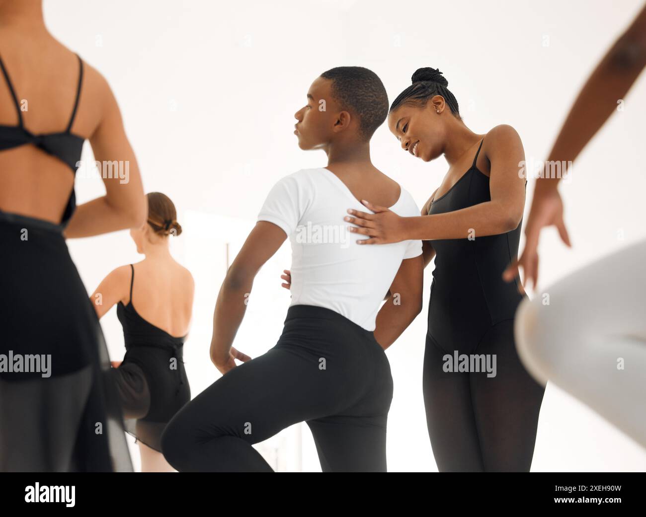 Ballet, teacher and helping students for training, lesson or learning ...