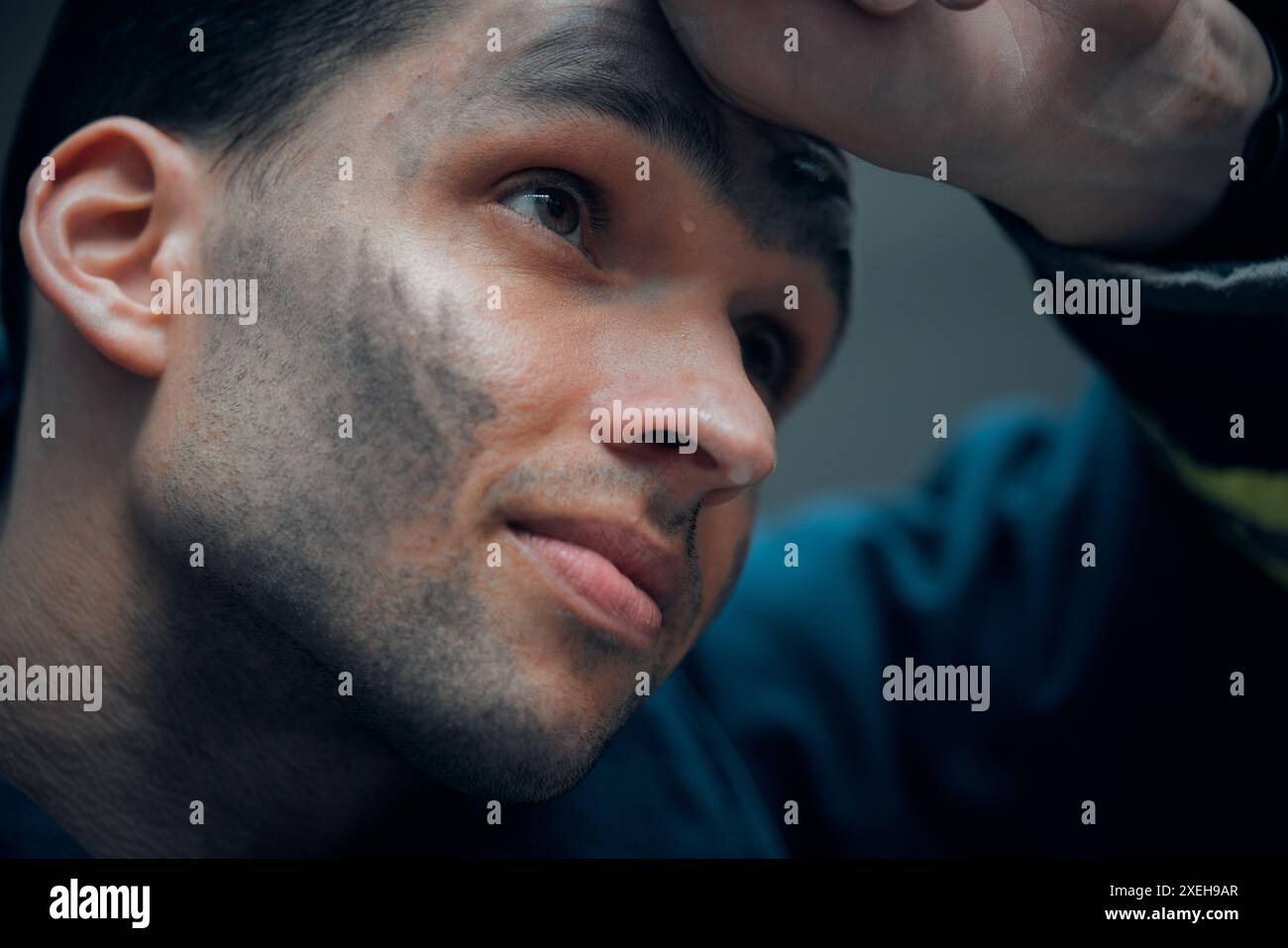 Thinking, firefighter or man for working in studio, service and ...