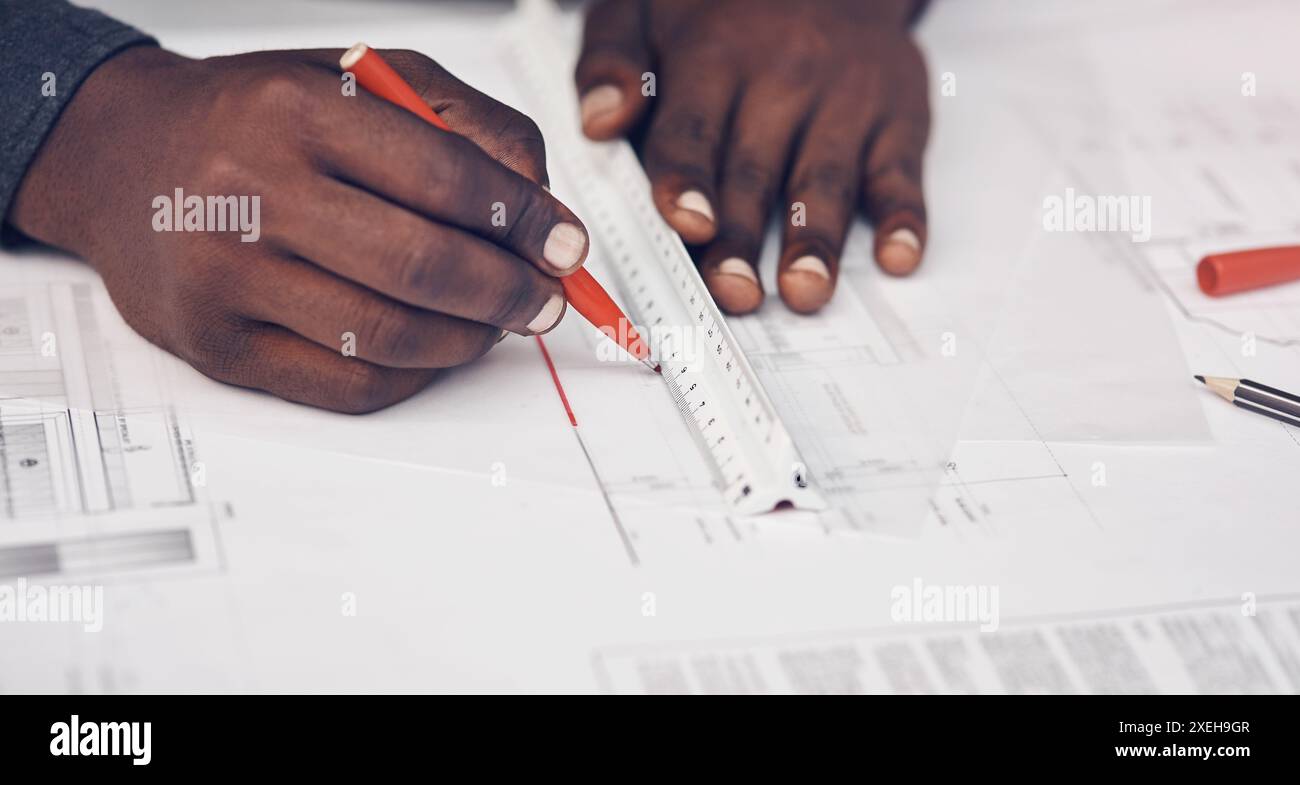 Man, hands and architect to measure blueprint in office, ruler and ...