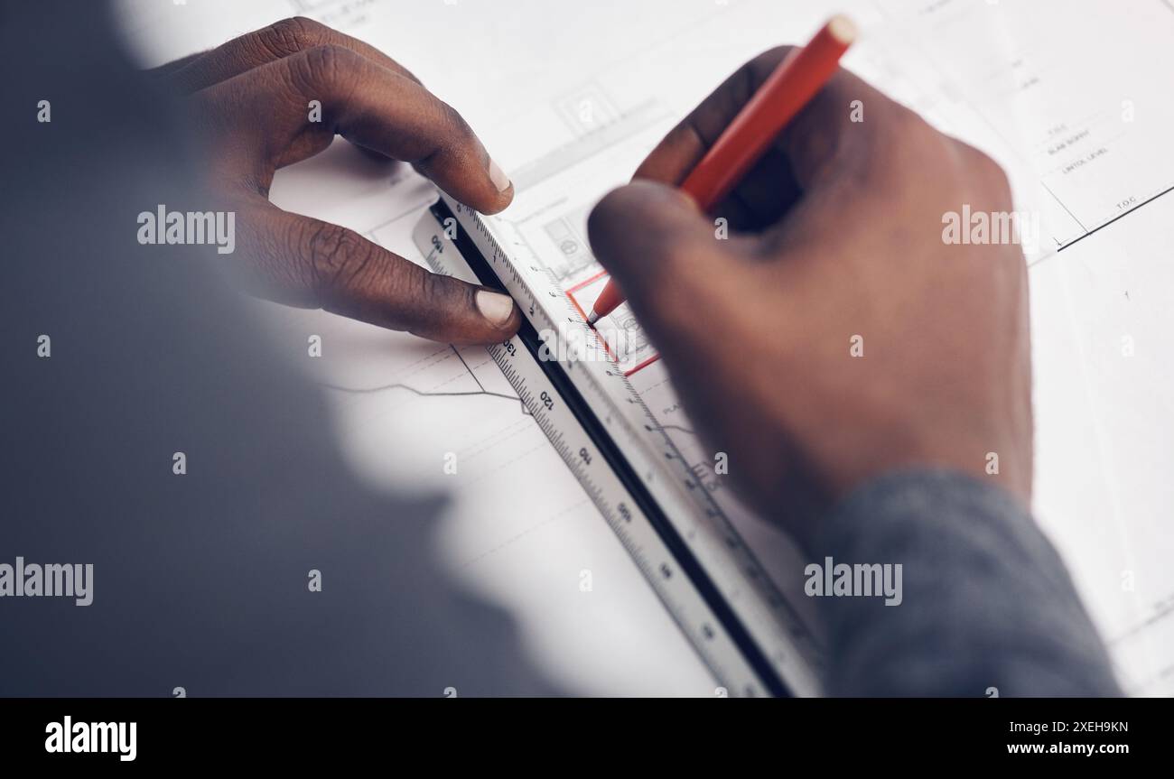 Man, architect and hands on ruler for scale on blueprint in office ...