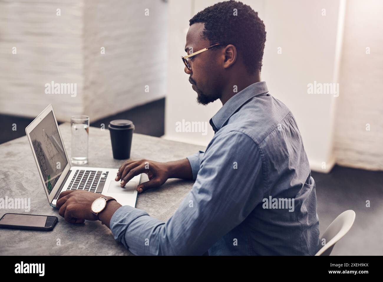 Architecture, laptop and business black man in office for online design ...