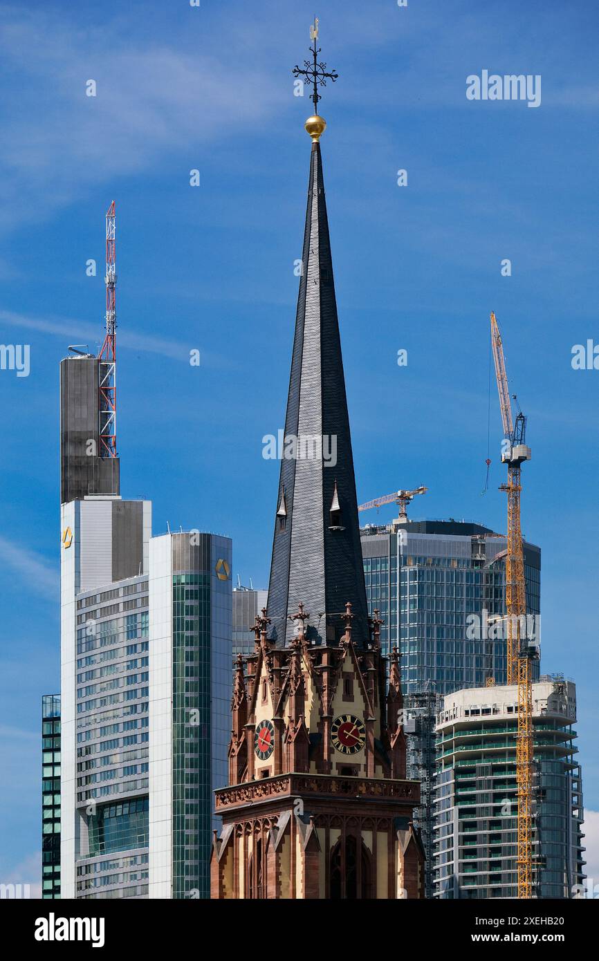 Tower of the Epiphany Church in front of high-rise buildings, Frankfurt ...