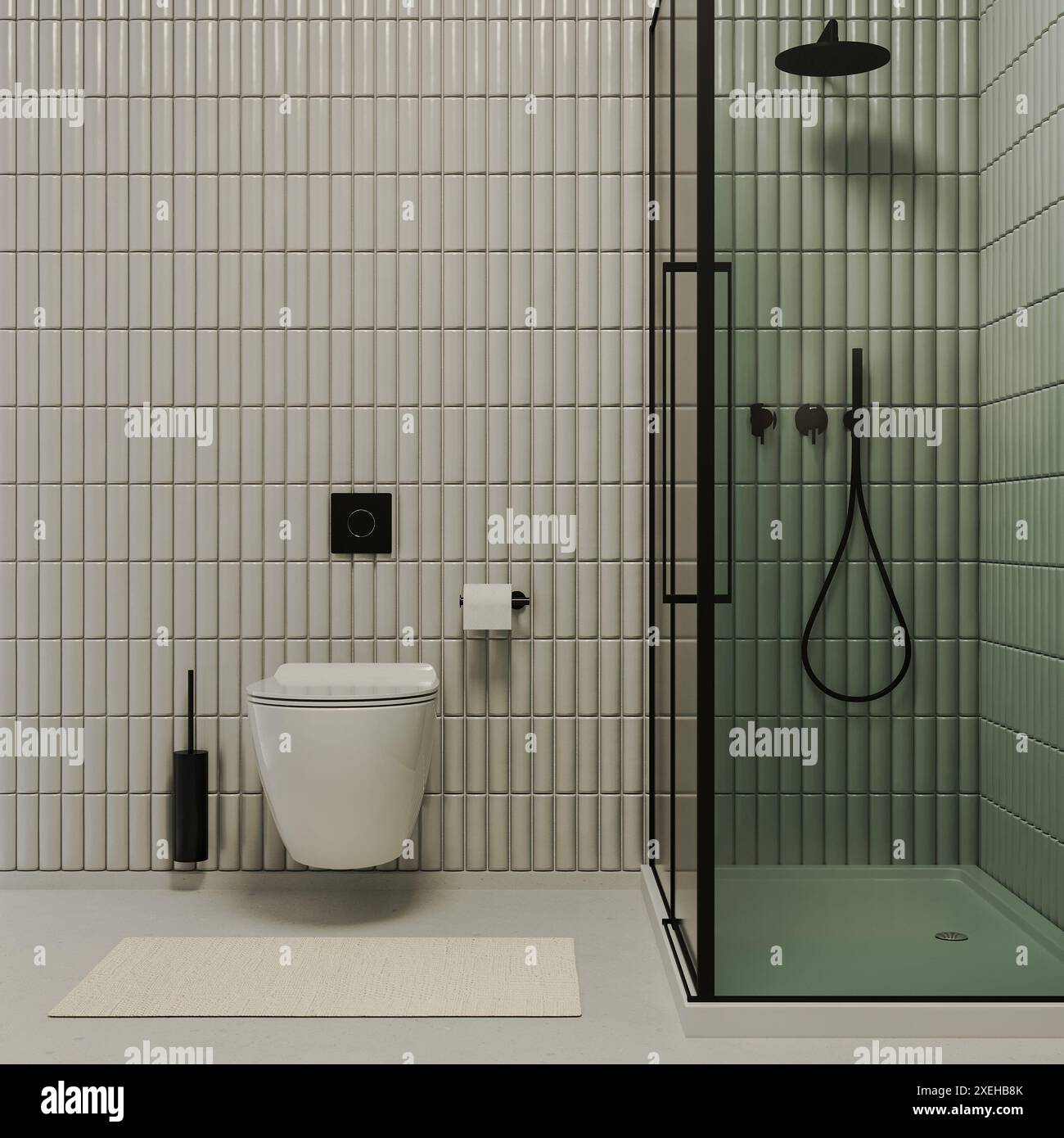 Bathroom interior with light tone tiles, shower and toilet, 3d ...