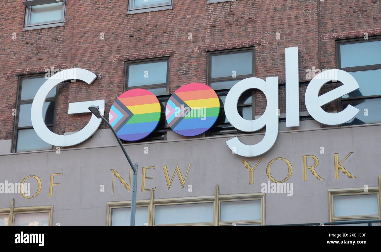 New York, USA. 25th June, 2024. The Google logo displaying Pride flags ...