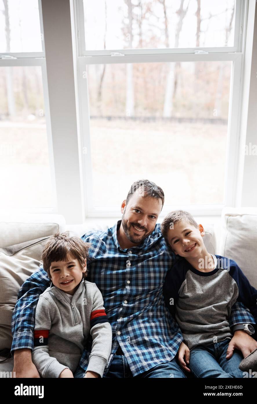 Boys, father and hug portrait in home, support and together for bonding ...