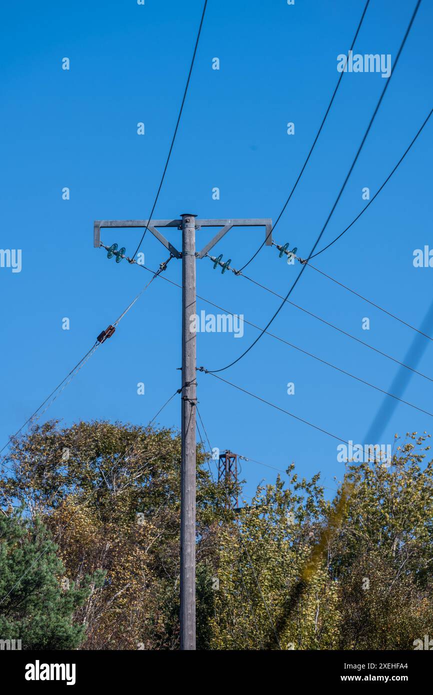 Power lines making a turn at a power pole Stock Photo - Alamy