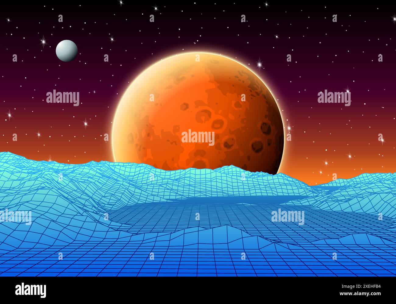 Retro futuristic landscape with mountains and sun in deep space. 80s ...