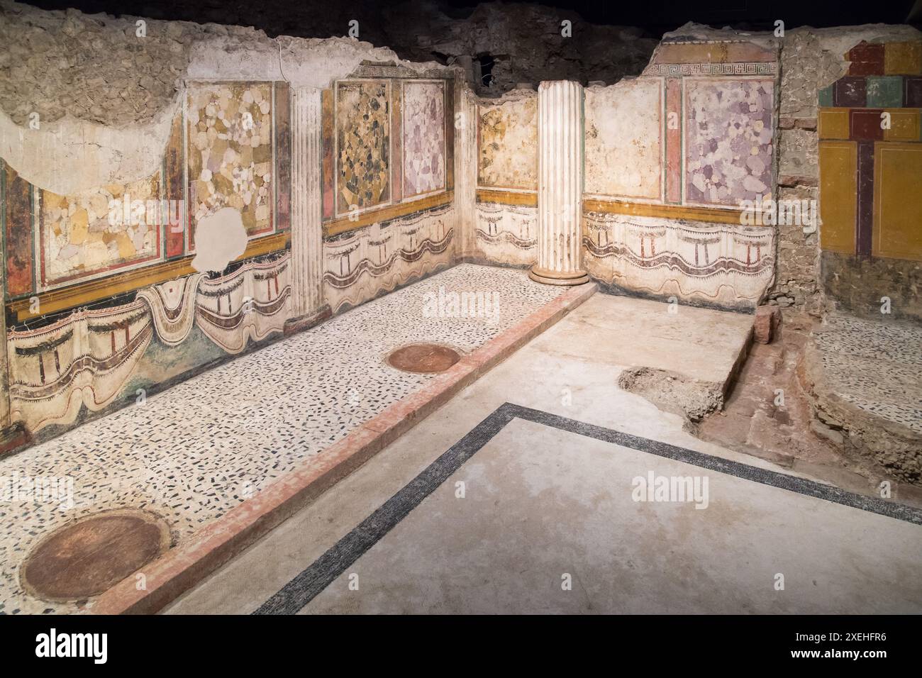 Ancient Roman frescoed walls in republican sanctuary in Tempio ...