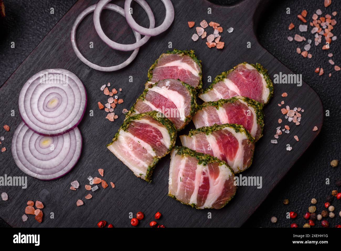 Delicious fresh bacon stripes with spices and salt Stock Photo - Alamy