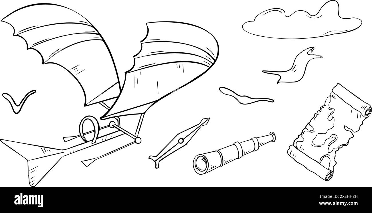 Aircraft black and white contour vector illustration isolated. First ...