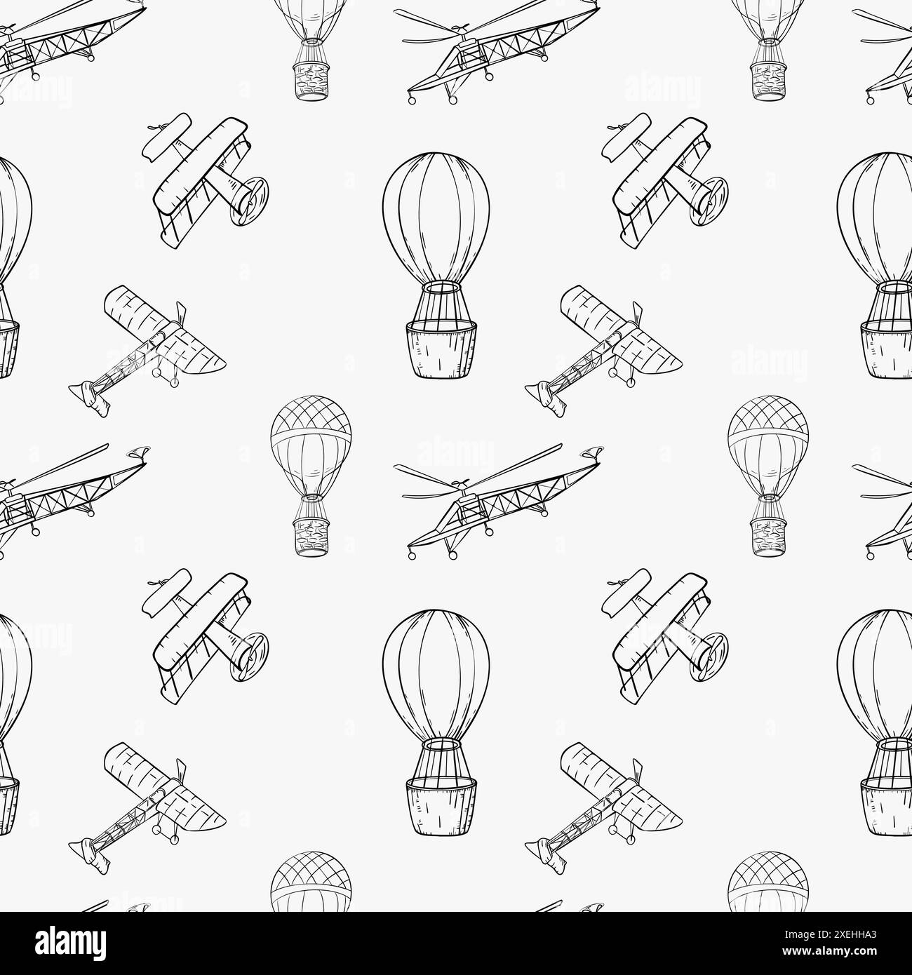 Black white vector seamless pattern with aircrafts outline and hot air ...