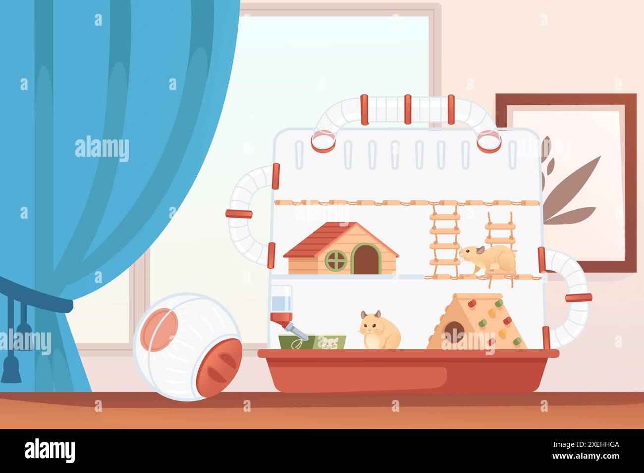 Transparent plastic hamster cage with small house, wheel and hanging ...