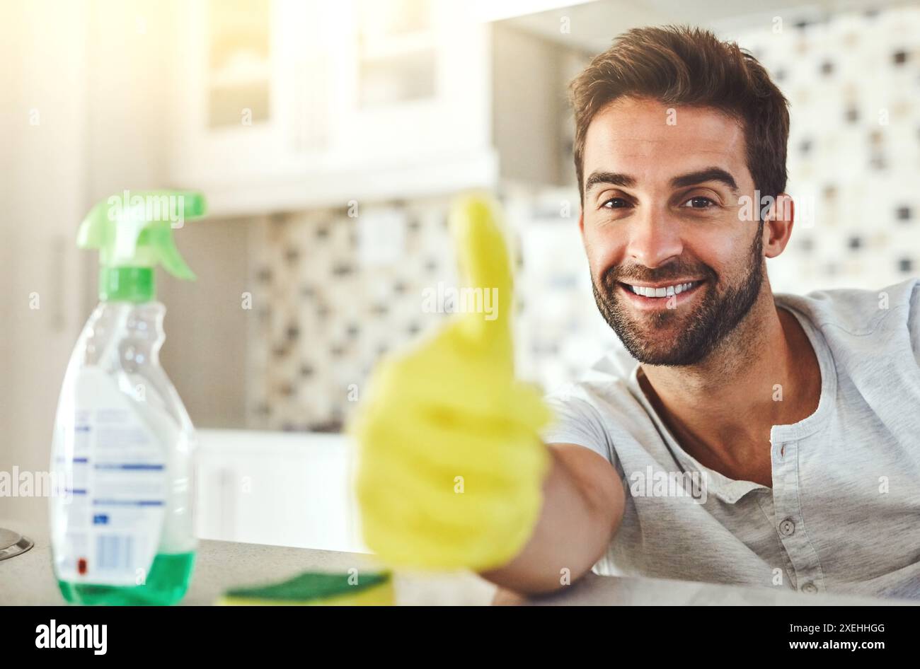 Cleaning, thumbs up and portrait of happy man in home with gloves for ...