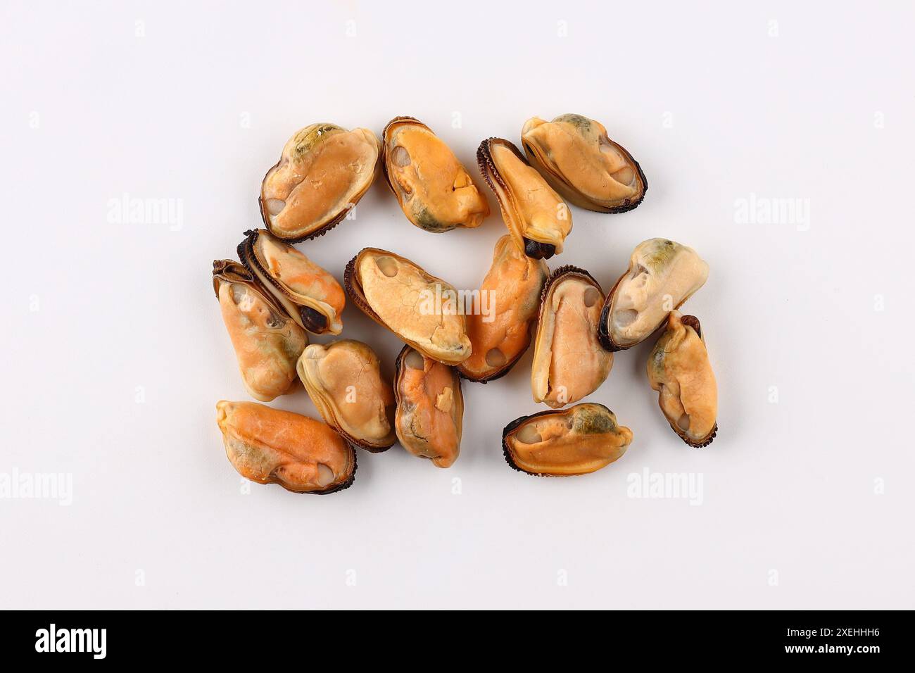 Mussels, seafood entrails without flaps, shellfish cooked boiled, close ...