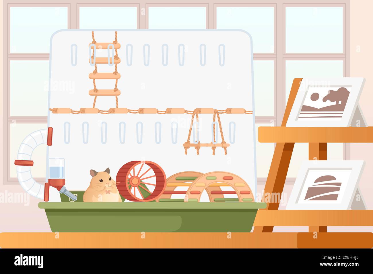 Transparent plastic hamster cage with small house, wheel and hanging ...