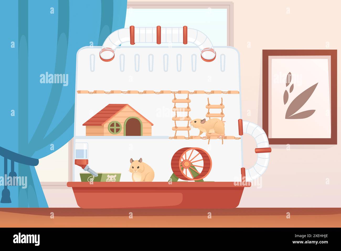 Transparent plastic hamster cage with small house, wheel and hanging ...