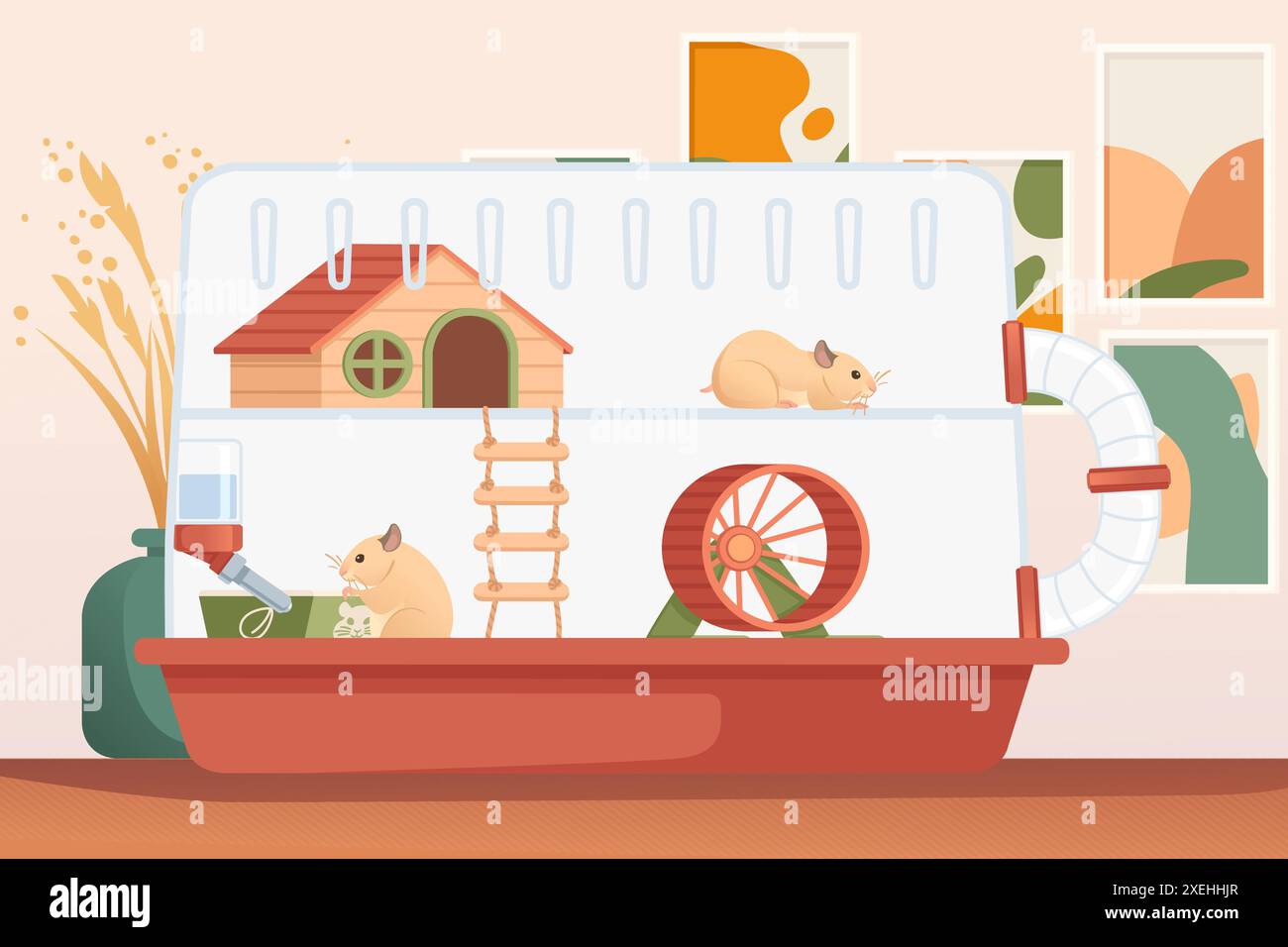 Transparent plastic hamster cage with small house, wheel and hanging ...