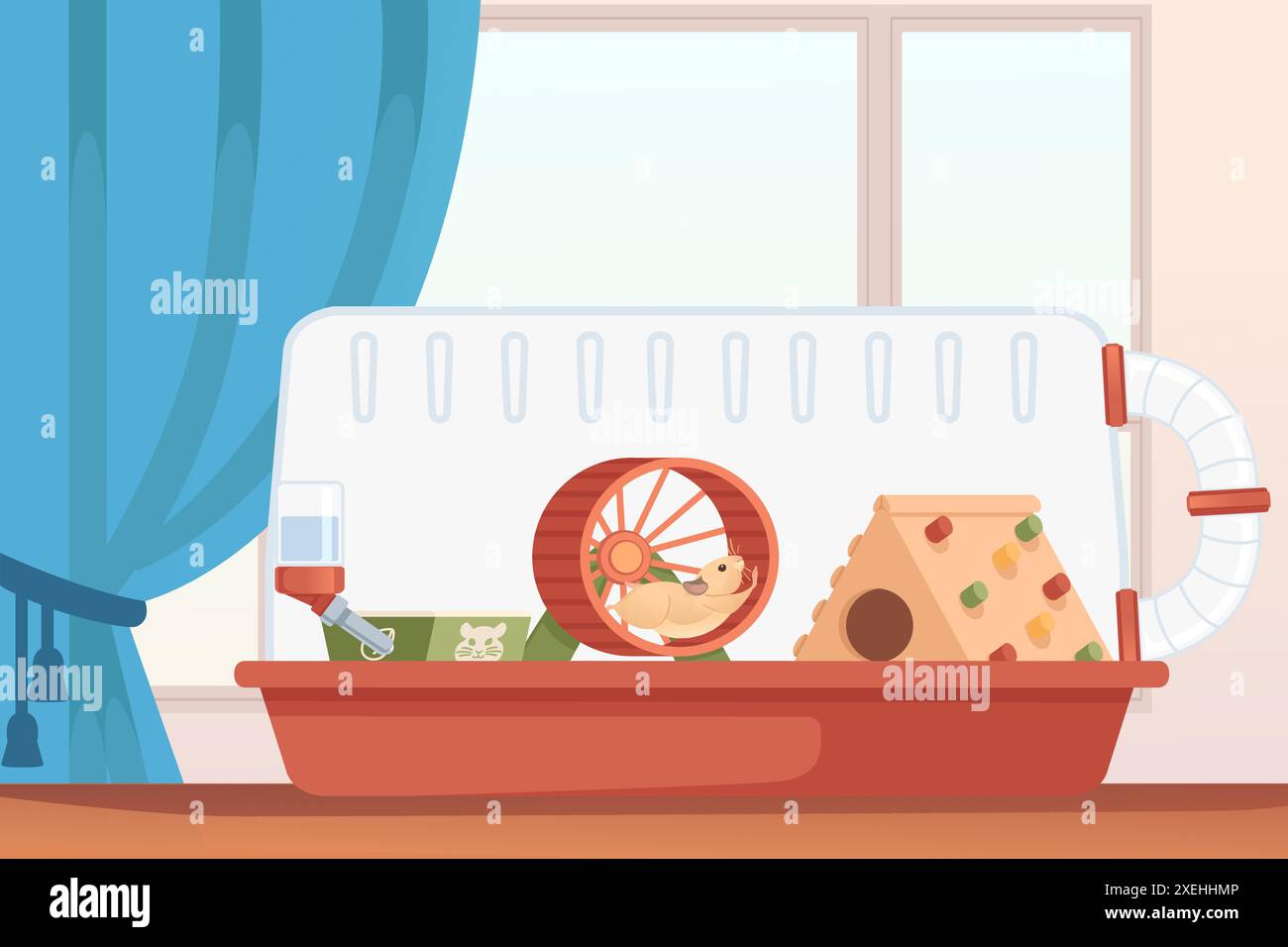 Transparent plastic hamster cage with small house, wheel and hanging ...