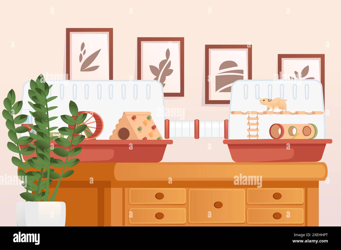 Transparent plastic hamster cage with small house, wheel and hanging ...