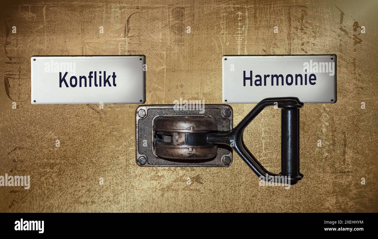 Signposts the direct way to harmony versus conflict Stock Photo - Alamy