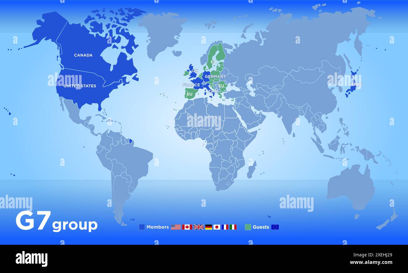G7 Group organization map in the world, countries and flags, vector illustration Stock Vector ...