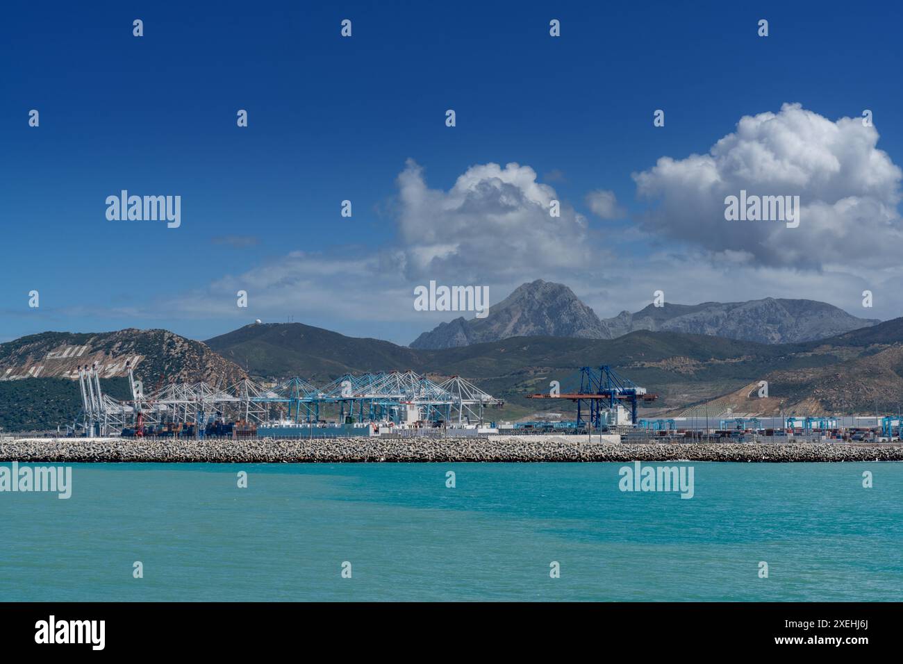View of the North Morocco coast and the Tanger Med insdustrial port ...
