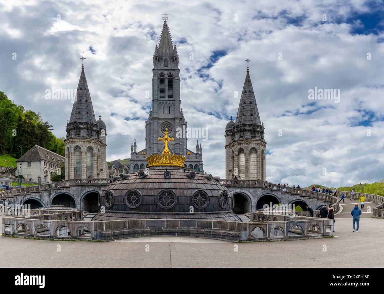 View of the Sanctuary of Our Lady of Lourdes in the Pyrenean foothills ...
