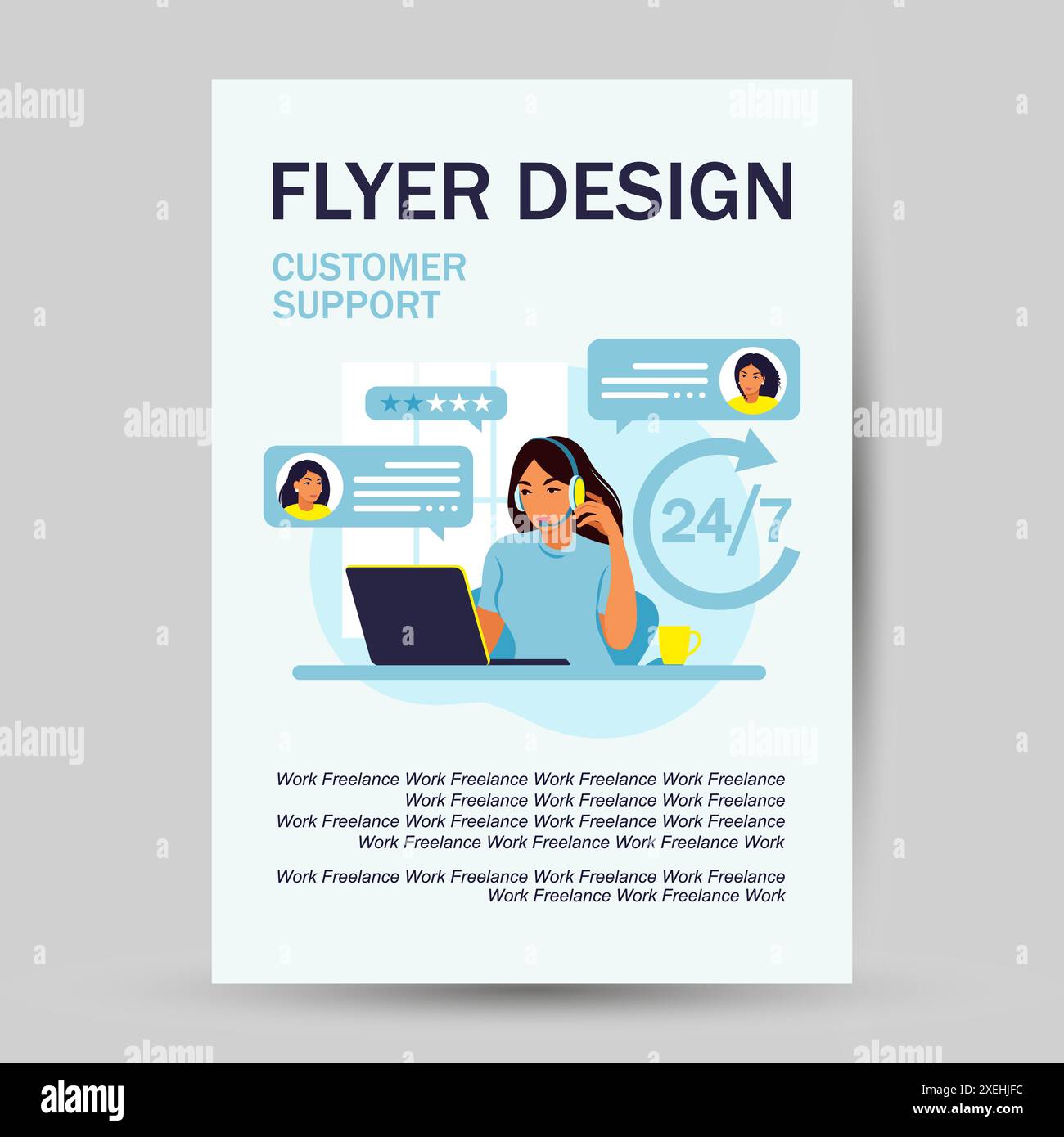 Customer service concept. Flyer design. Woman with headphones and ...