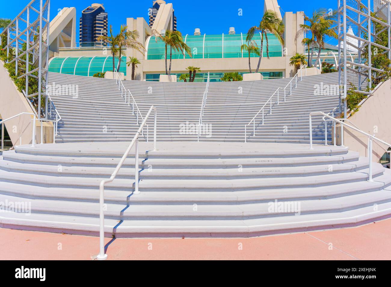 Wide stairs with handrails leading up to the entrance of San Diego ...