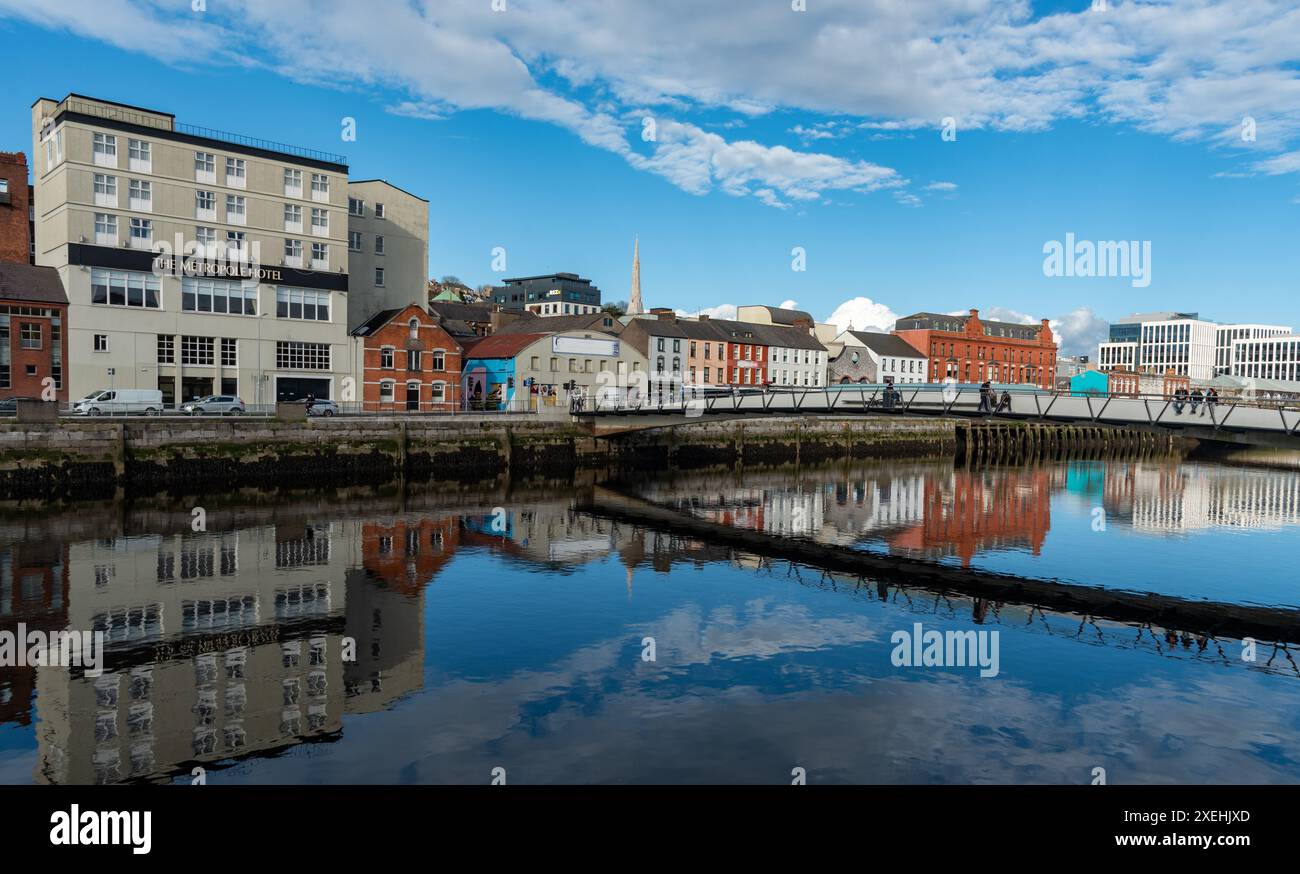 Colorful buildings reflected on river lee. Cork city Ireland Stock ...