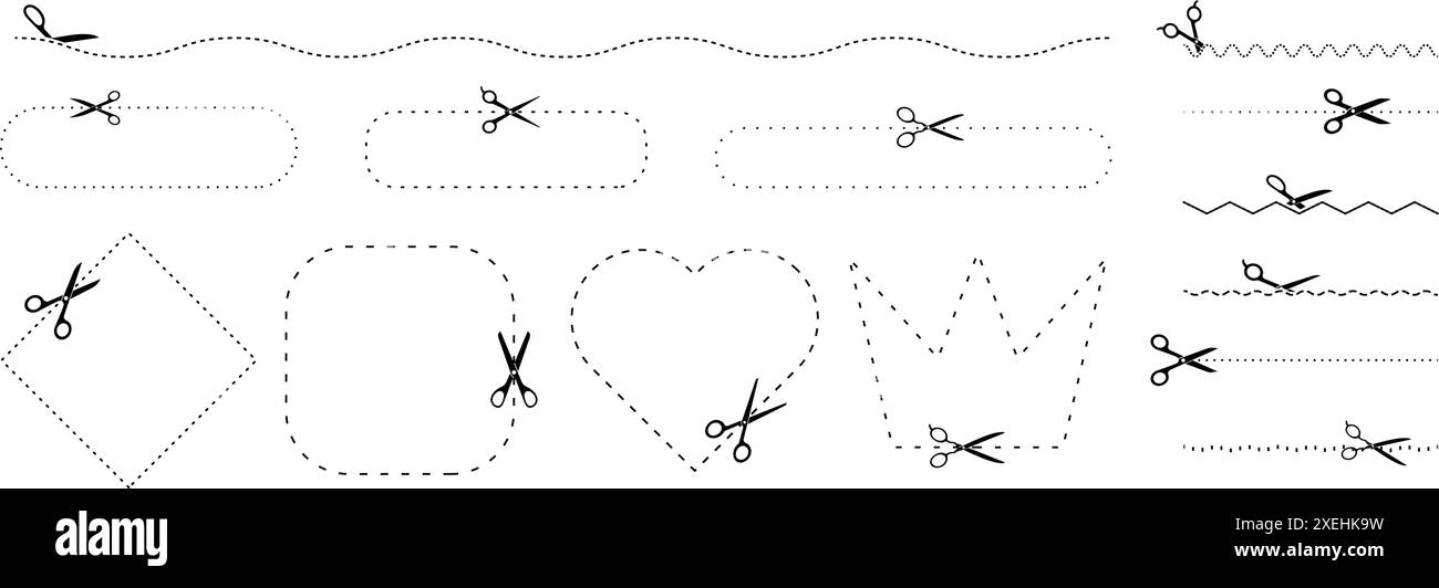 Scissors with cut lines and geometric shapes. Cut here symbol Stock ...