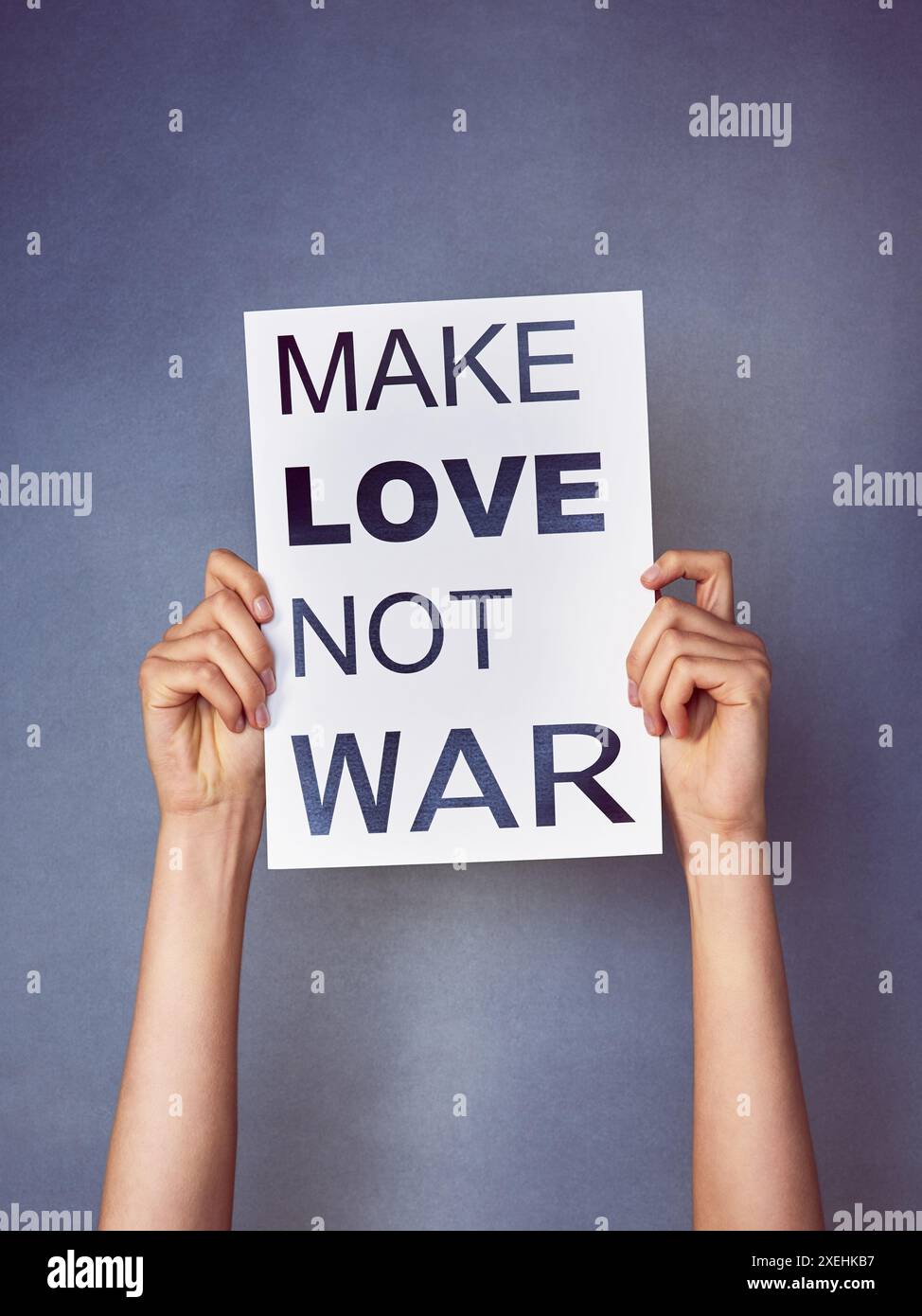Studio, hands and poster with text for war protest with unity, peace ...