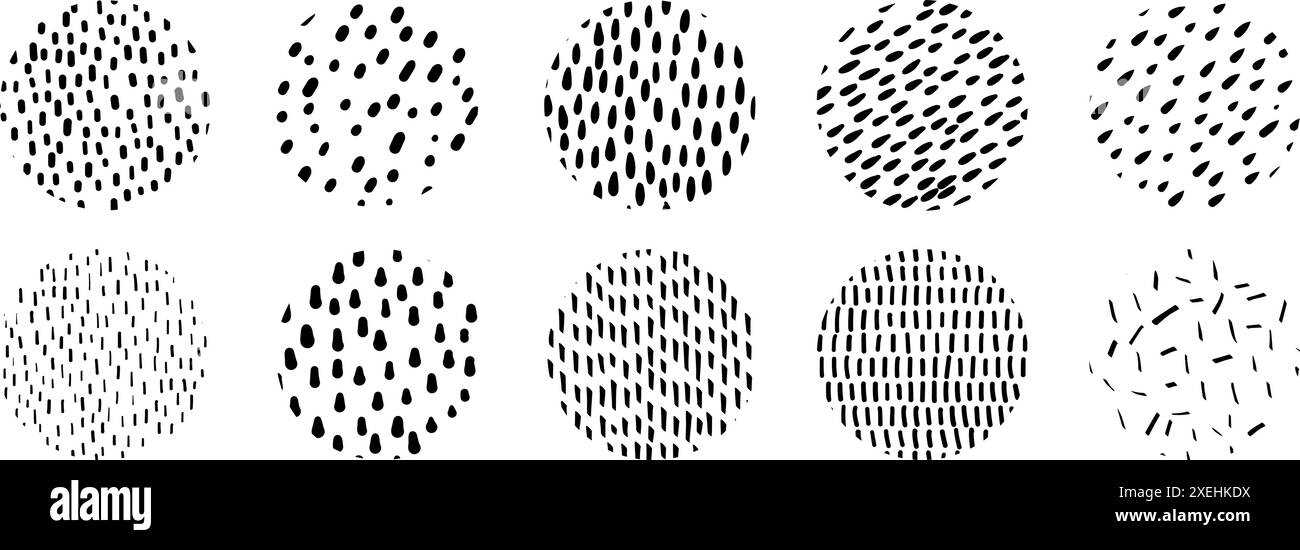 Line texture set with different hand drawn circle patterns. Small dash ...