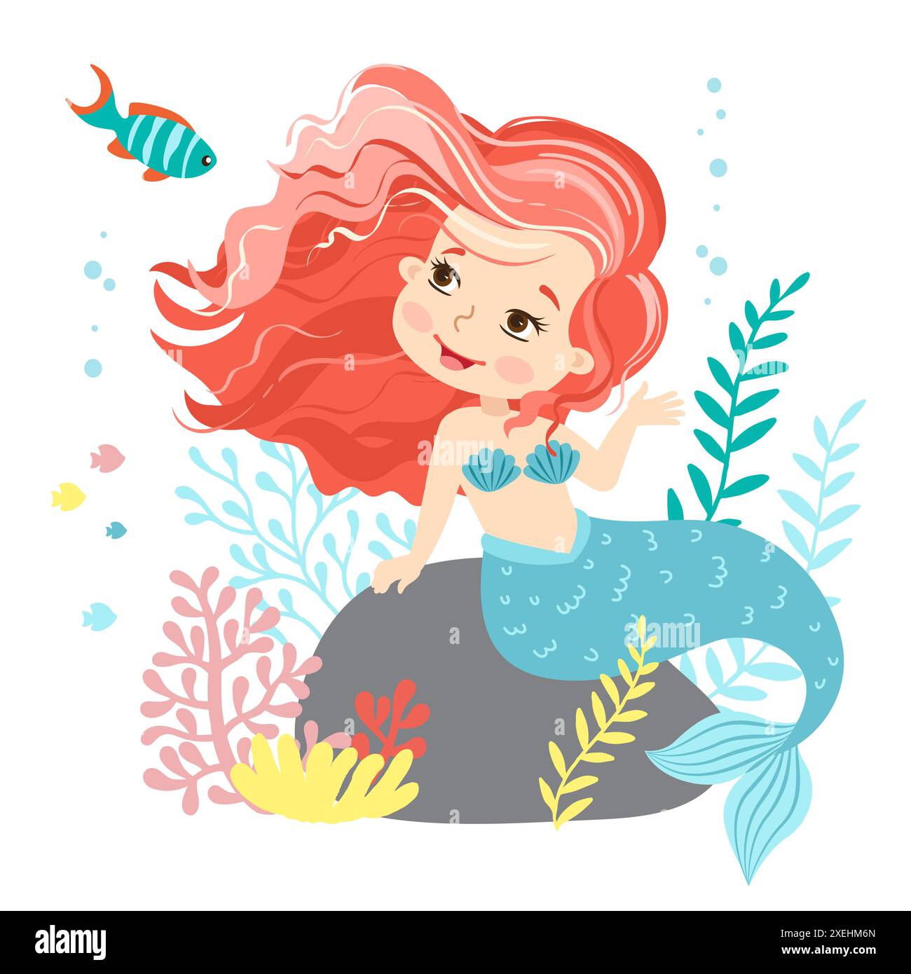 Hand drown vector illustration of Beautiful Girl Mermaid with pink hair ...