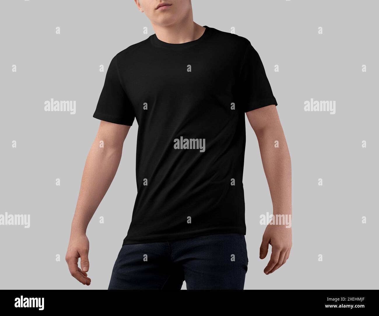 Casual black cotton crew neck t-shirt template for guy, front view ...