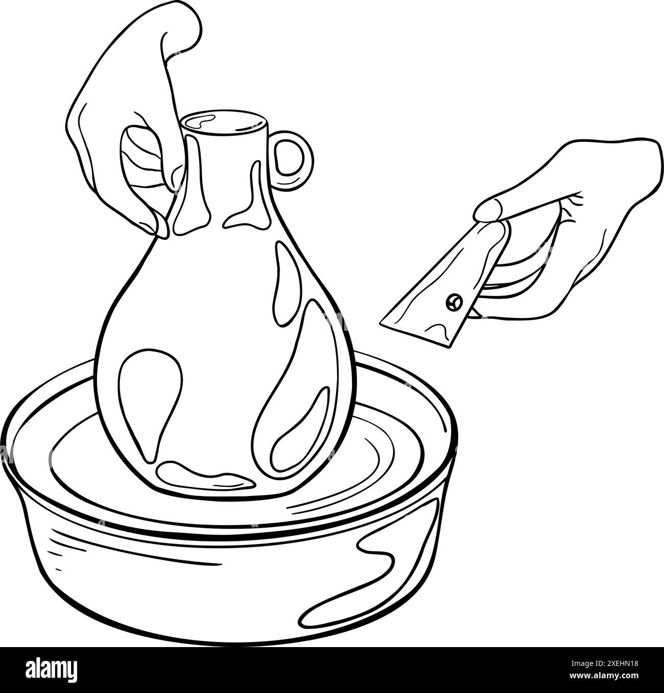 Women's hands using pottery tools for making clay pot ink silhouette ...