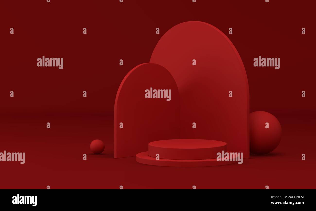 3d podium red cylinder showroom construction stairs with curved wall ...