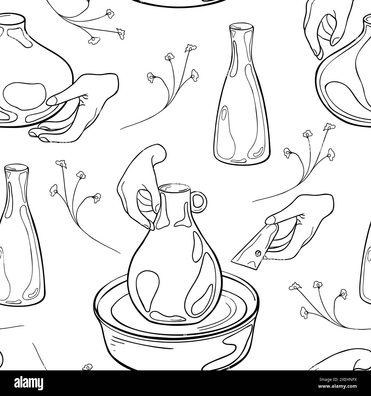 Women's hands using pottery tools for making clay pot ink silhouette ...