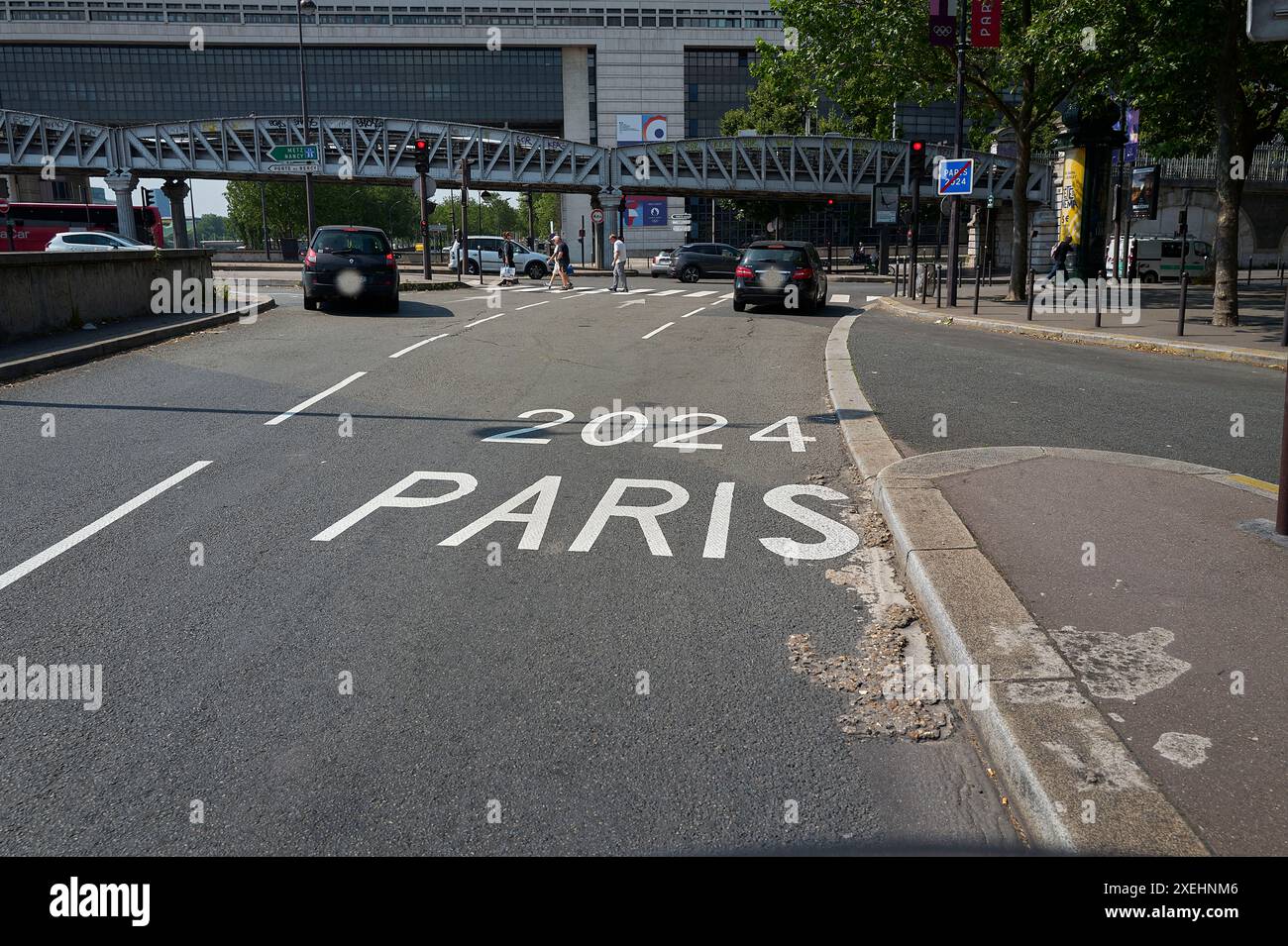 Motorists drive a Paris 2024 reserved lane on June 27, 2024 in paris ...