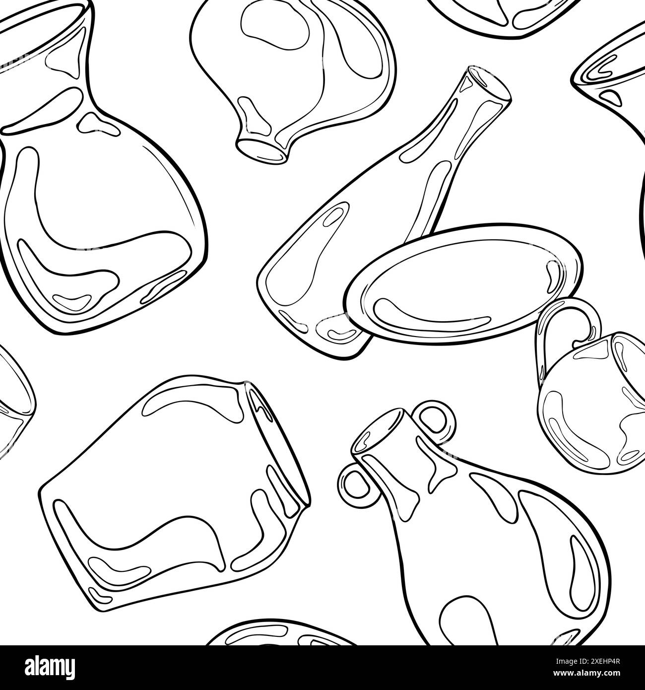 Ceramic dishes, vases painted black white line on seamless pattern isolated. Various pottery ...