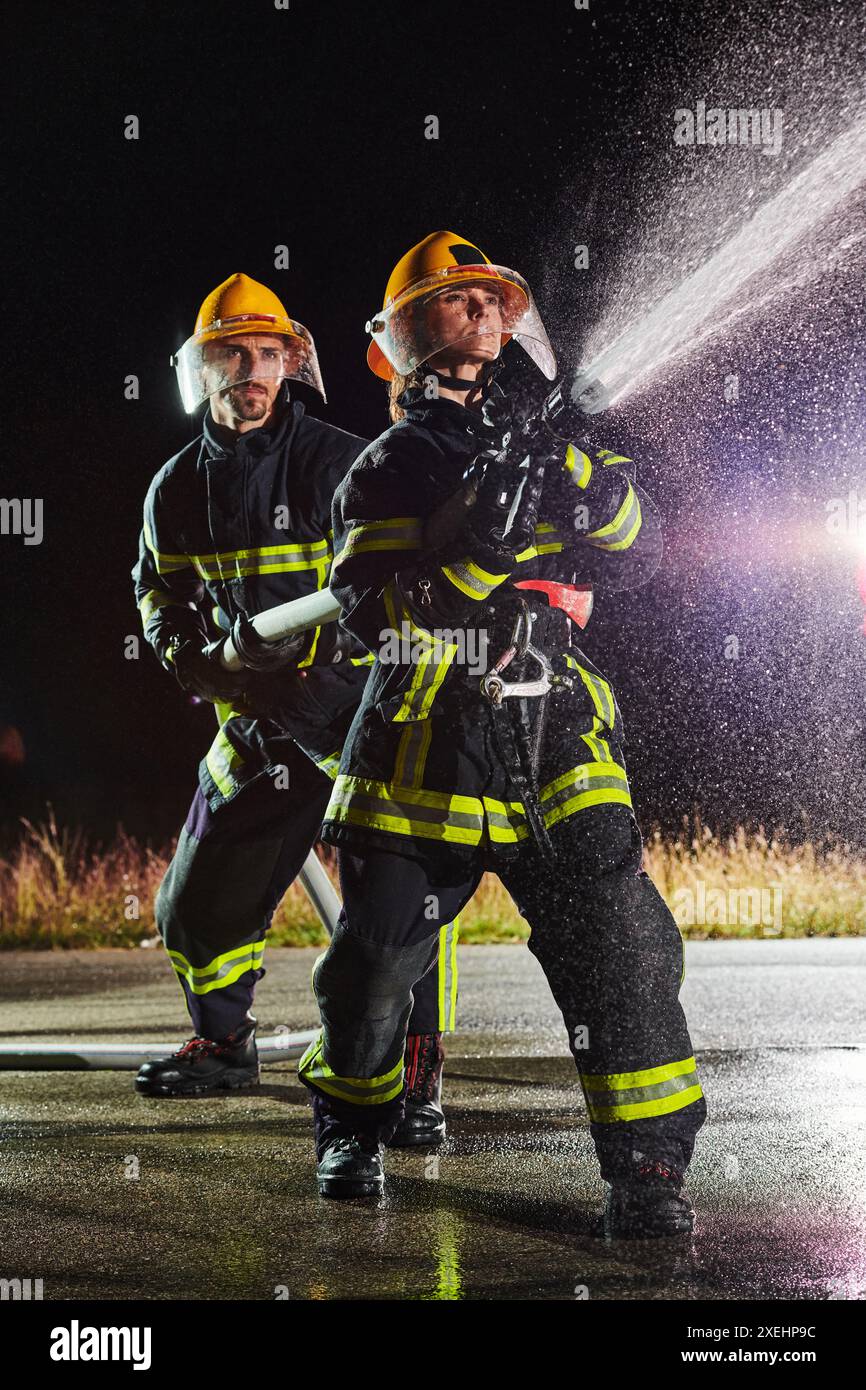 Firefighters using a water hose to eliminate a fire hazard. Team of ...