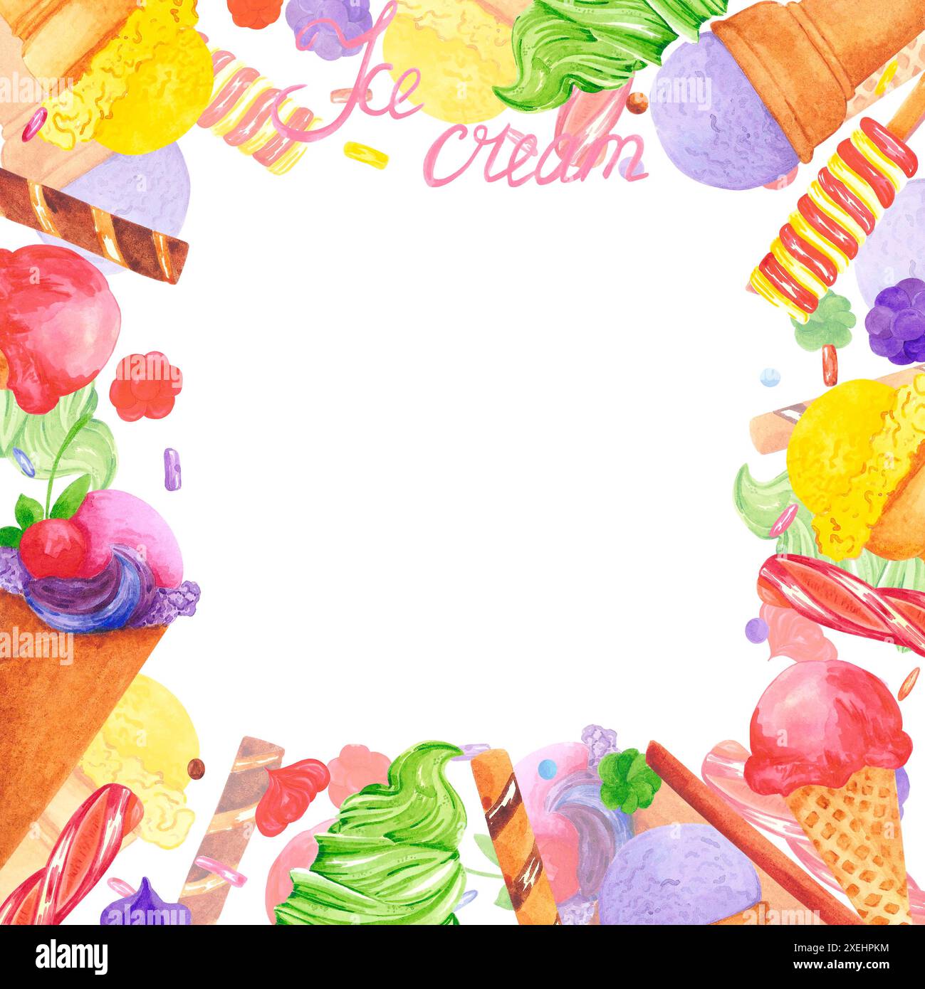 Hand drawn watercolor ice-cream frame border isolated on white ...