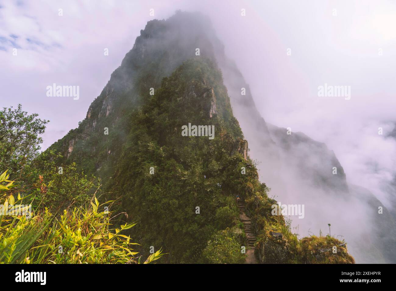 famous Huayna Picchu mountain with ascending tourists by foggy morning ...
