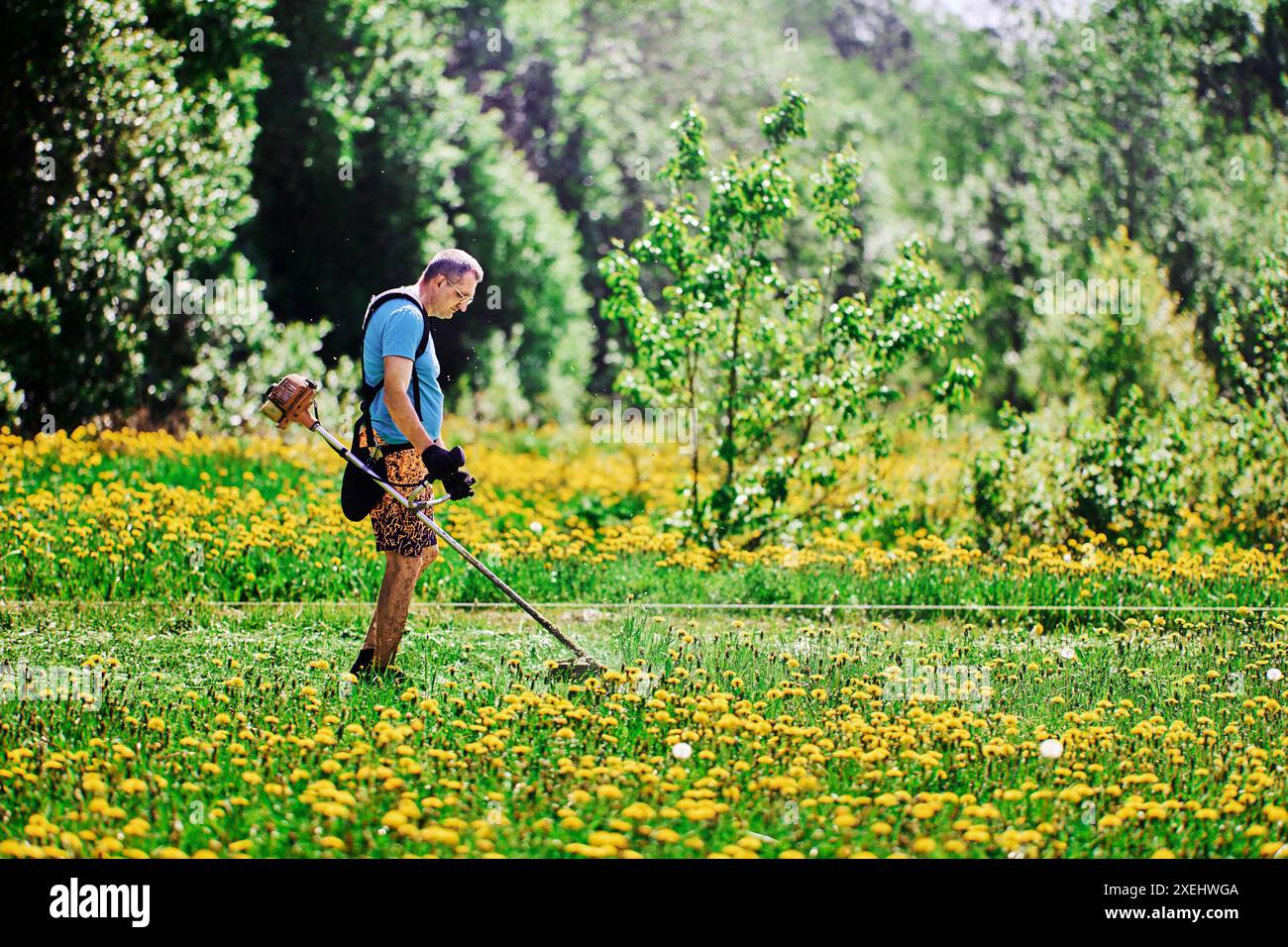 Farmer uses backpack hanger when working with gas powered string weed ...
