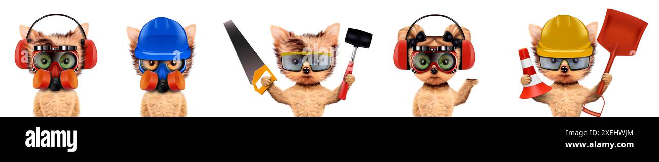 Funny dogs with carpenter tools like wrench, headphones and protective ...