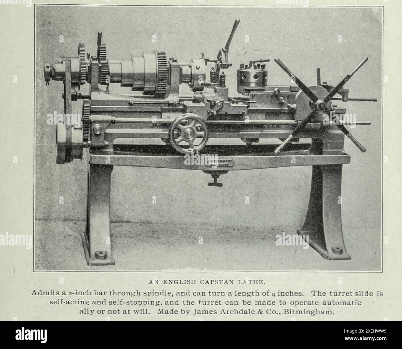 ENGLISH CAPSTAN LATHE. Admits a 2-inch bar through spindle, and can ...