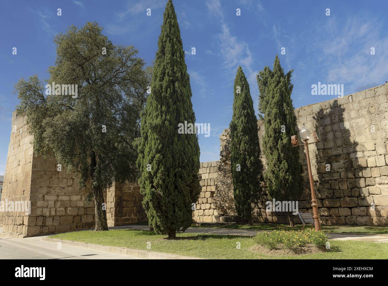 View of the ancient Roman walls in Merida, Spain, surrounded by tall ...
