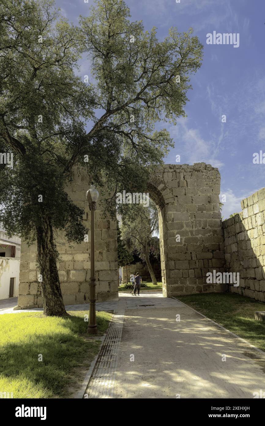 View of the ancient Roman walls in Merida, Spain, surrounded by tall ...