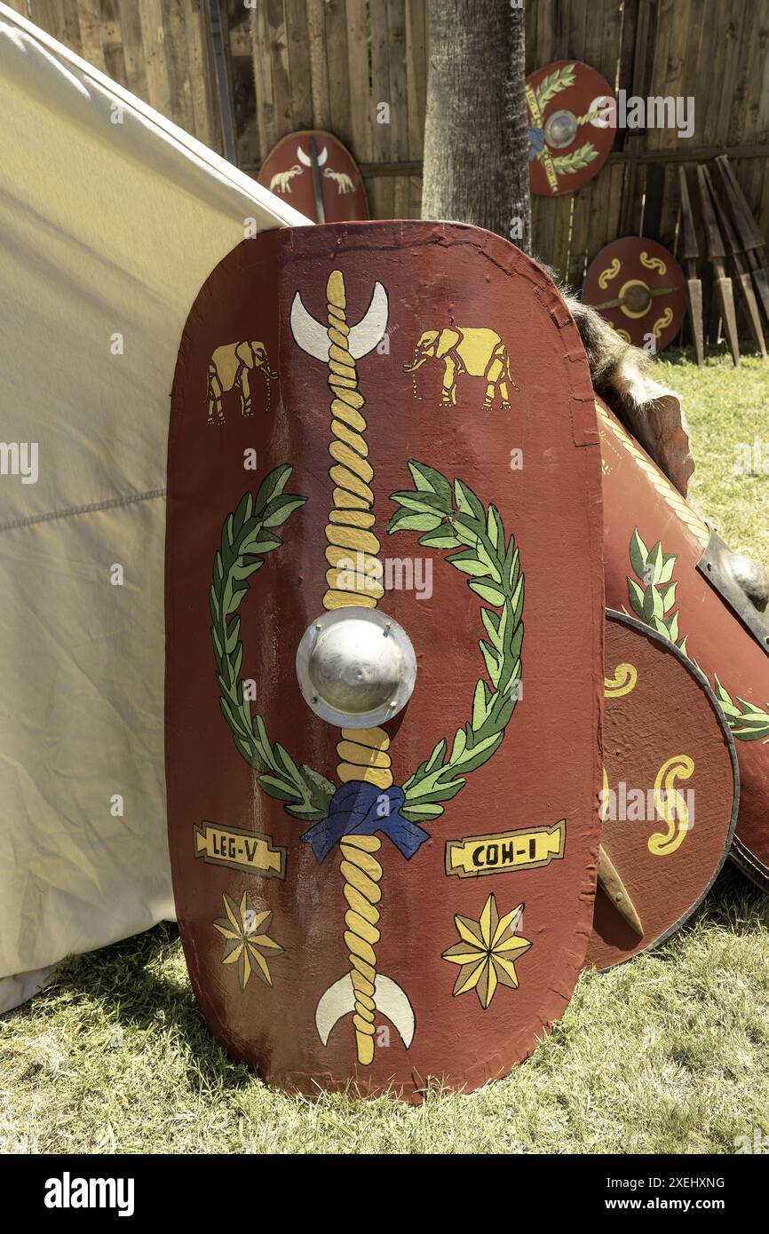 Detailed view of a Roman legionary camp setup in Merida, Spain ...